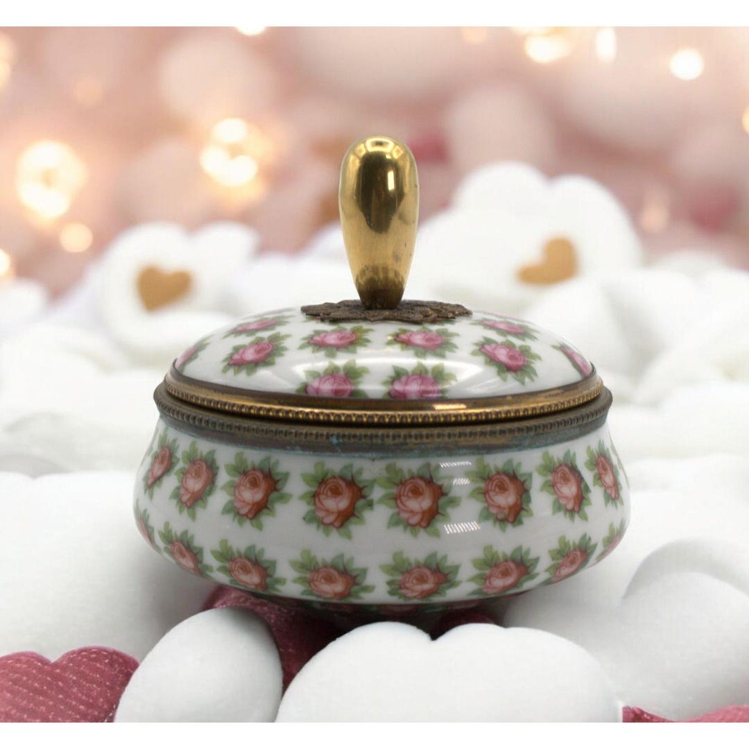 Vintage Porcelain Trinket Box With Pink Rose Pattern and Brass Trim ...