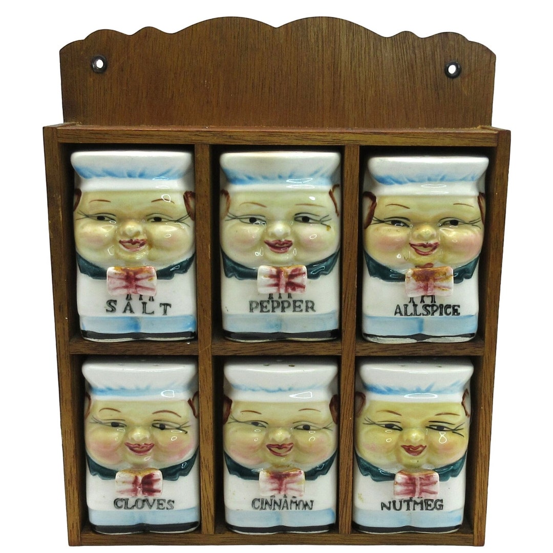 Vintage Chef Spice Jar Set With Wooden Rack & 6 Ceramic Jars - Salt ...