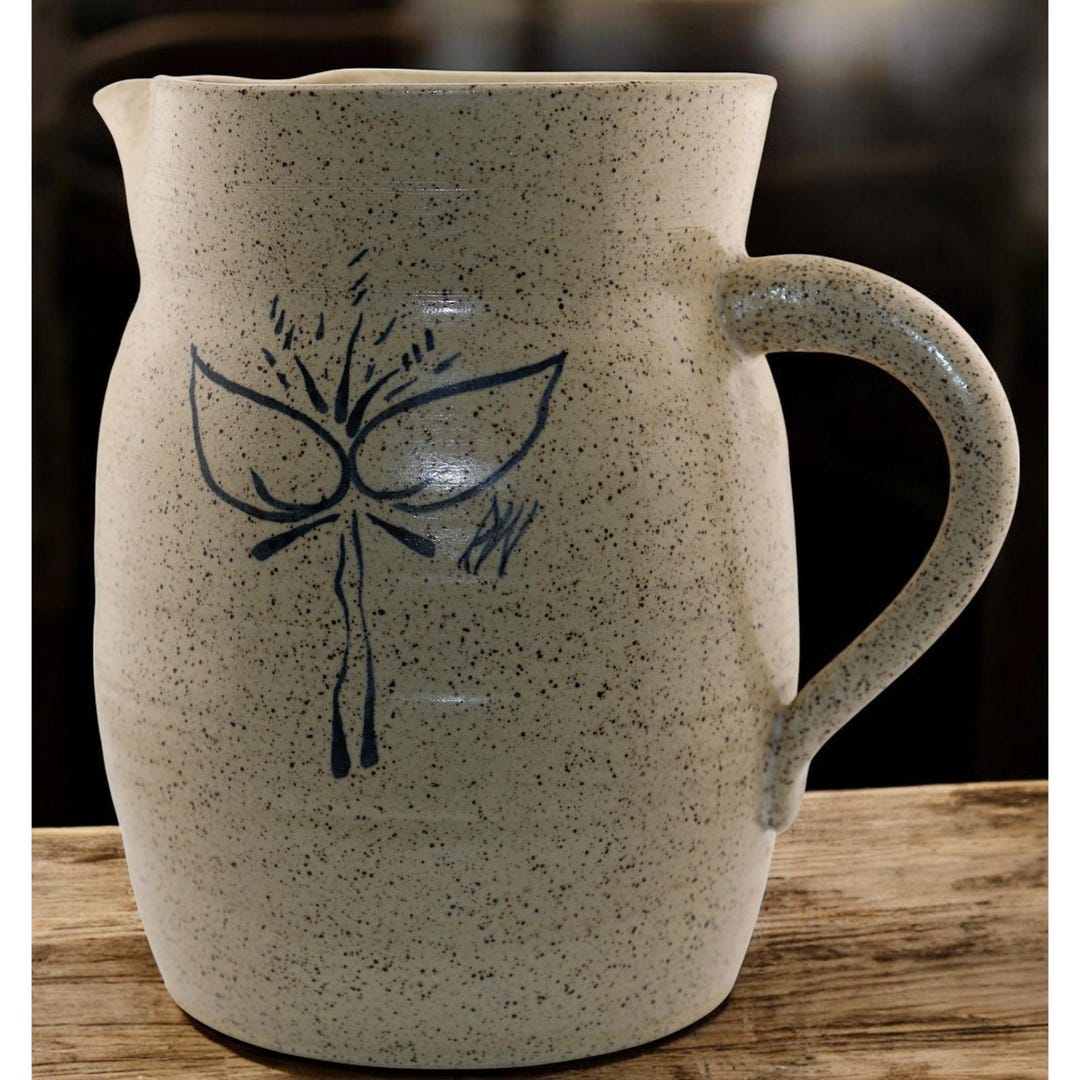 Handmade Speckled Stoneware Pitcher With Abstract Floral Design ...