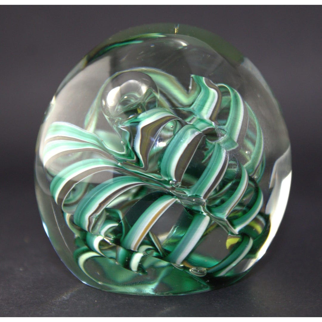 Vintage Karg Art Glass Paperweight With Green & White Ribbon Swirl ...