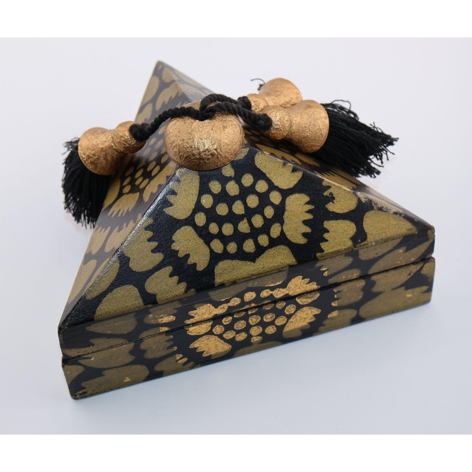 Vintage Black Gold Triangle Tassel Trinket Box – Hand Painted Pyramid ...