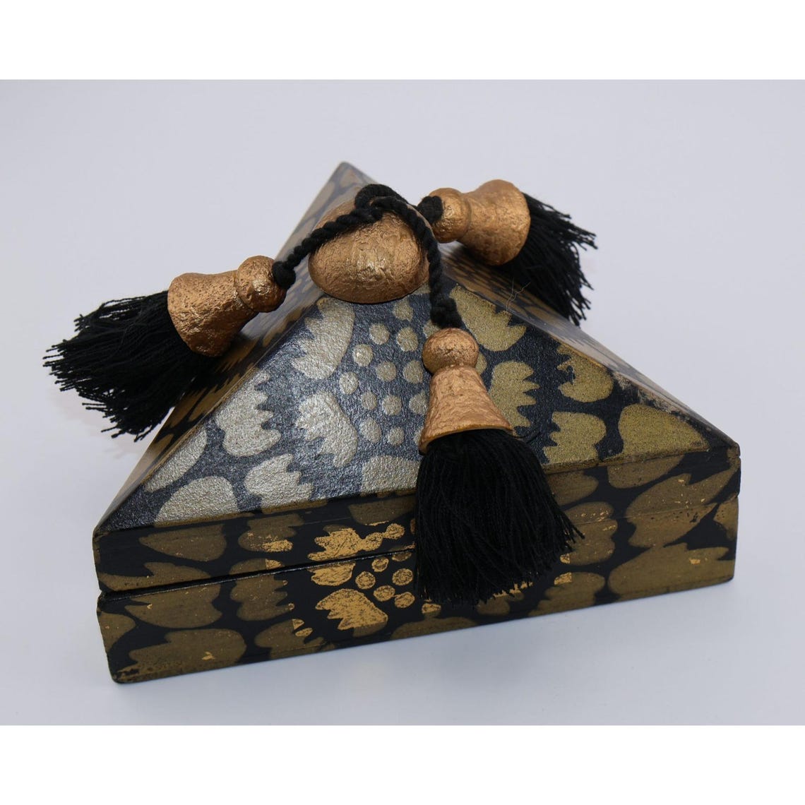 Vintage Black Gold Triangle Tassel Trinket Box – Hand Painted Pyramid ...
