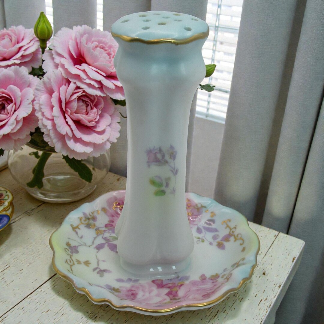 Antique RS Prussia Hat Stick Pin Holder Pink Roses Floral Porcelain ...