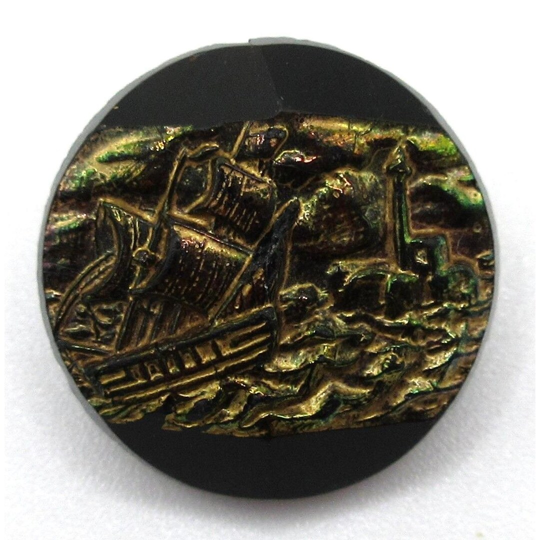 Antique Victorian Black Glass Button Ship Lighthouse Iridescent ...