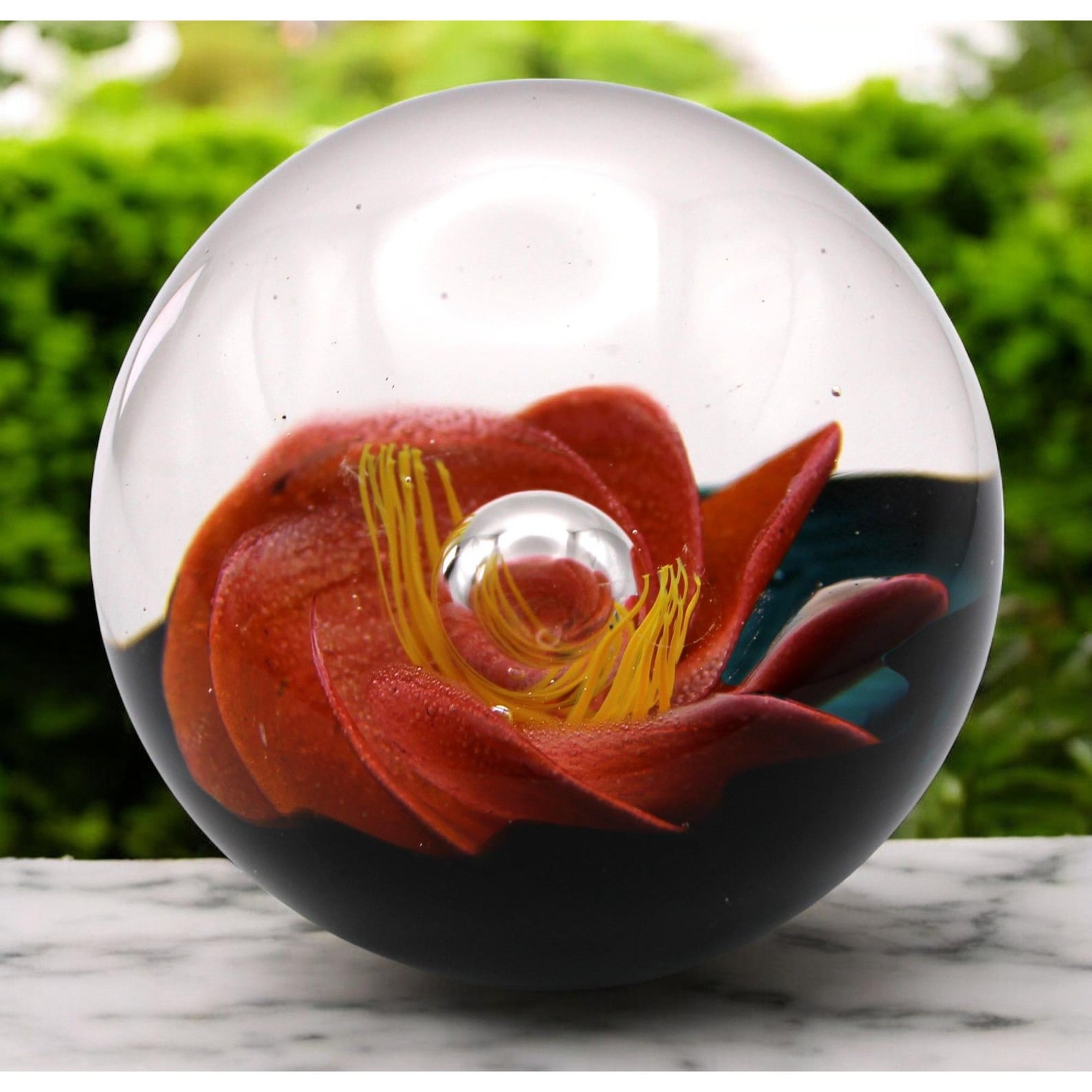 Lundberg Studios Art Glass Paperweight Red Flower Design Signed Vintage ...