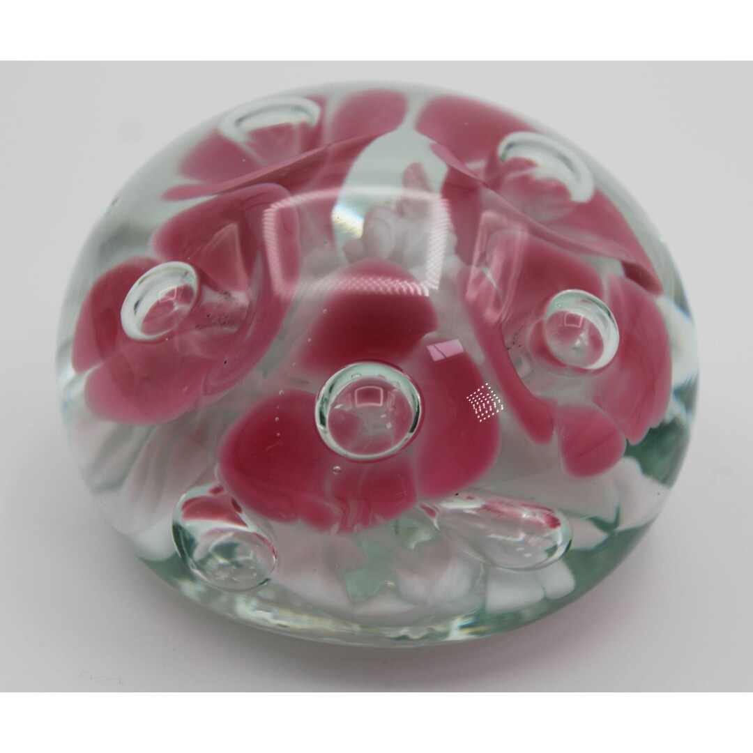 Joe Rice Handcrafted Glass Paperweight With Pink Flowers - Etsy