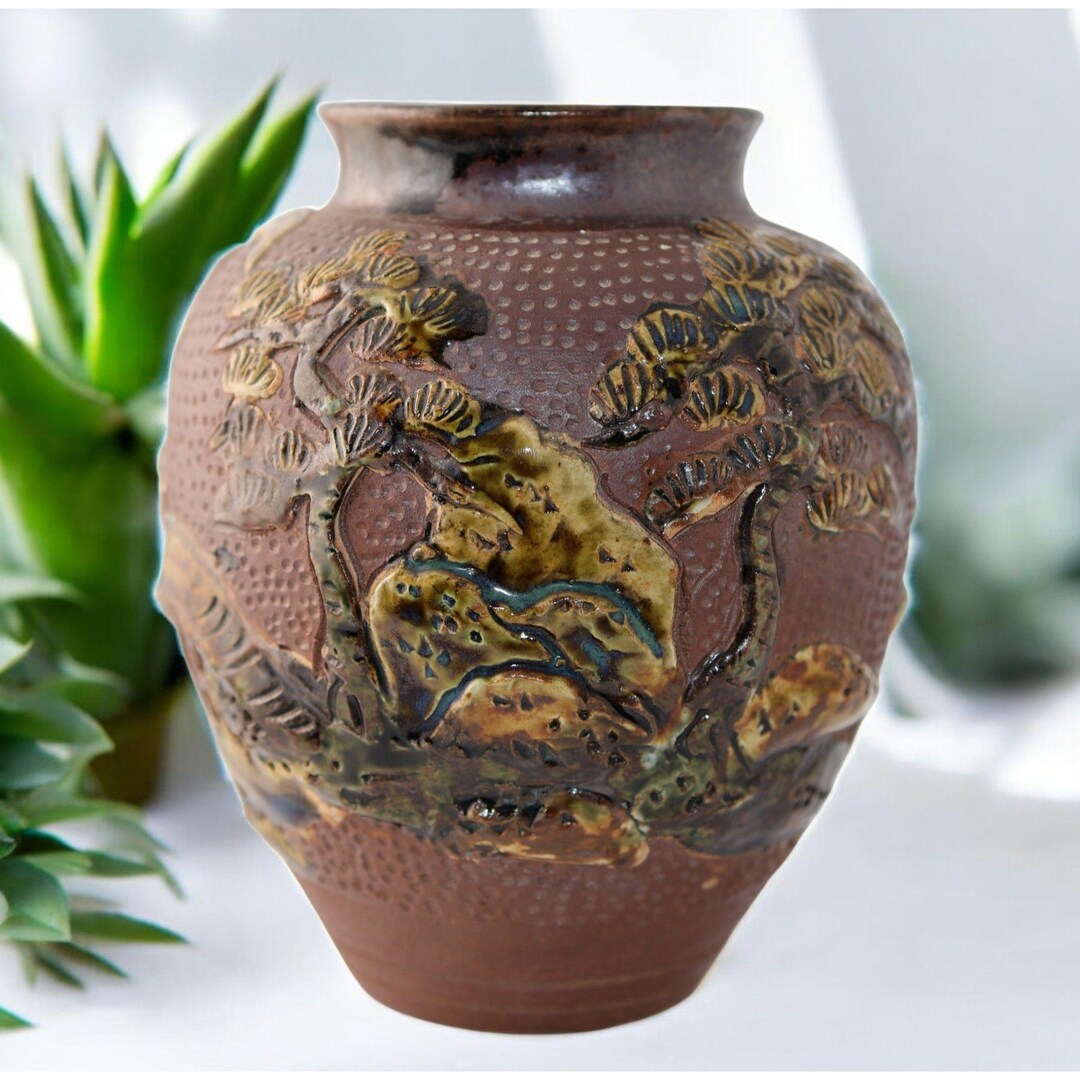 Vintage Asian Relief Pottery Vase Handcrafted Rustic Red Clay Ceramic ...