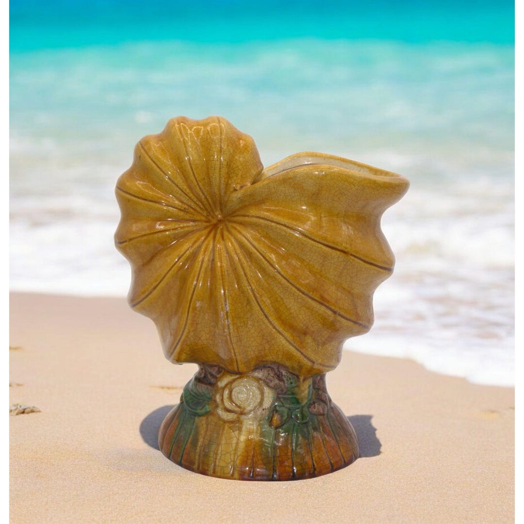Vintage Handcrafted Ceramic Nautilus Shell Vase Flower Pot With Floral ...