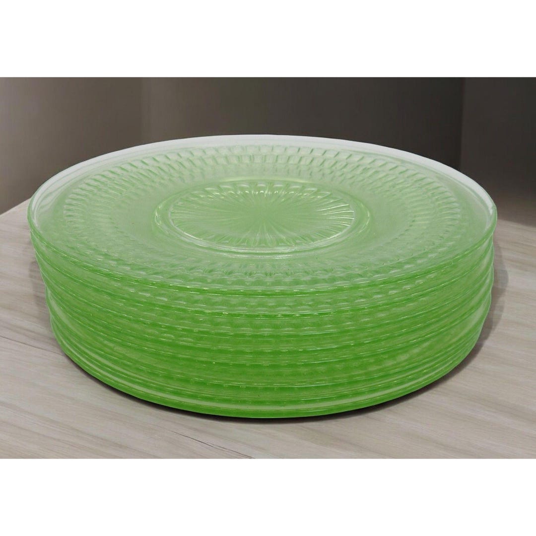 Vintage Anchor Hocking Uranium Green Roulette Bread Butter Plates Set ...