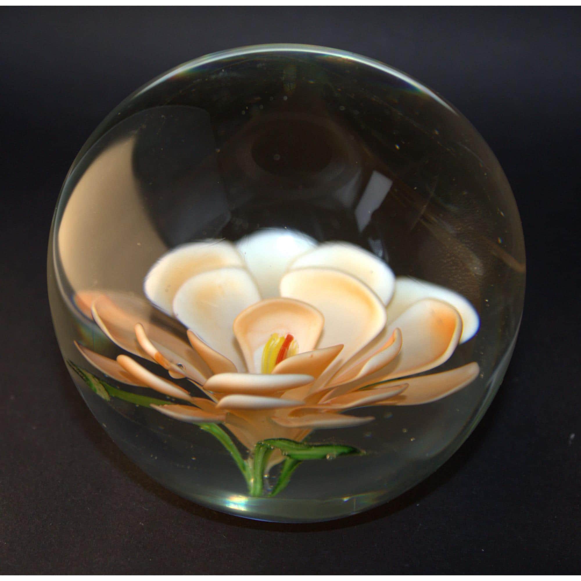 Handcrafted Glass Paperweight With Encased Orange & Cream Flower Design ...