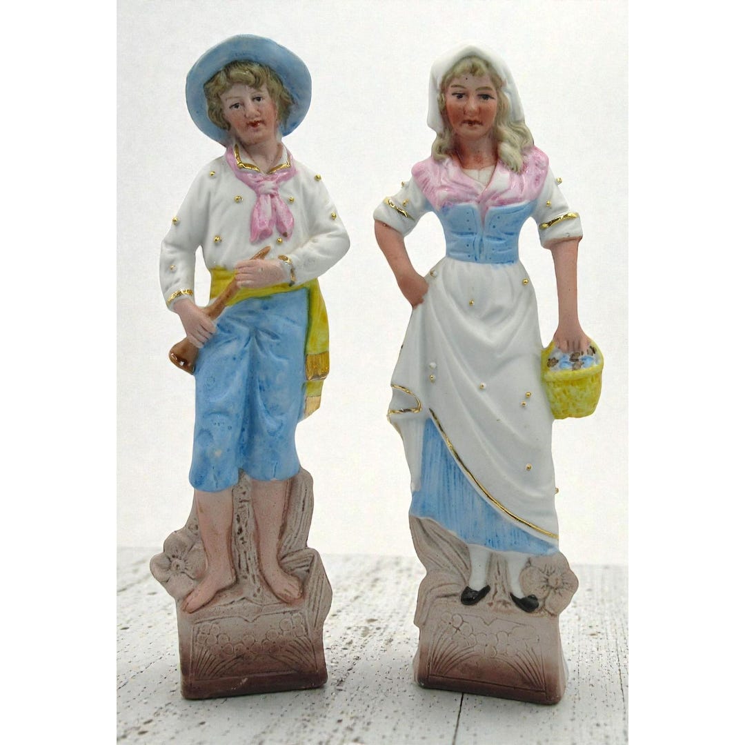 Vintage German Bisque Figurine Pair Peasant Boy Girl Gold Accents Front ...