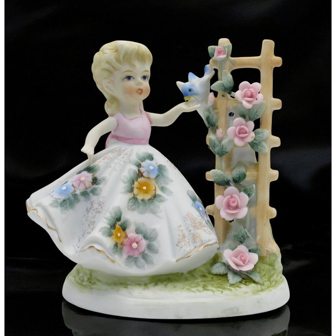 Vintage Lefton China KW1700B Girl With Bird Porcelain Figurine - Etsy