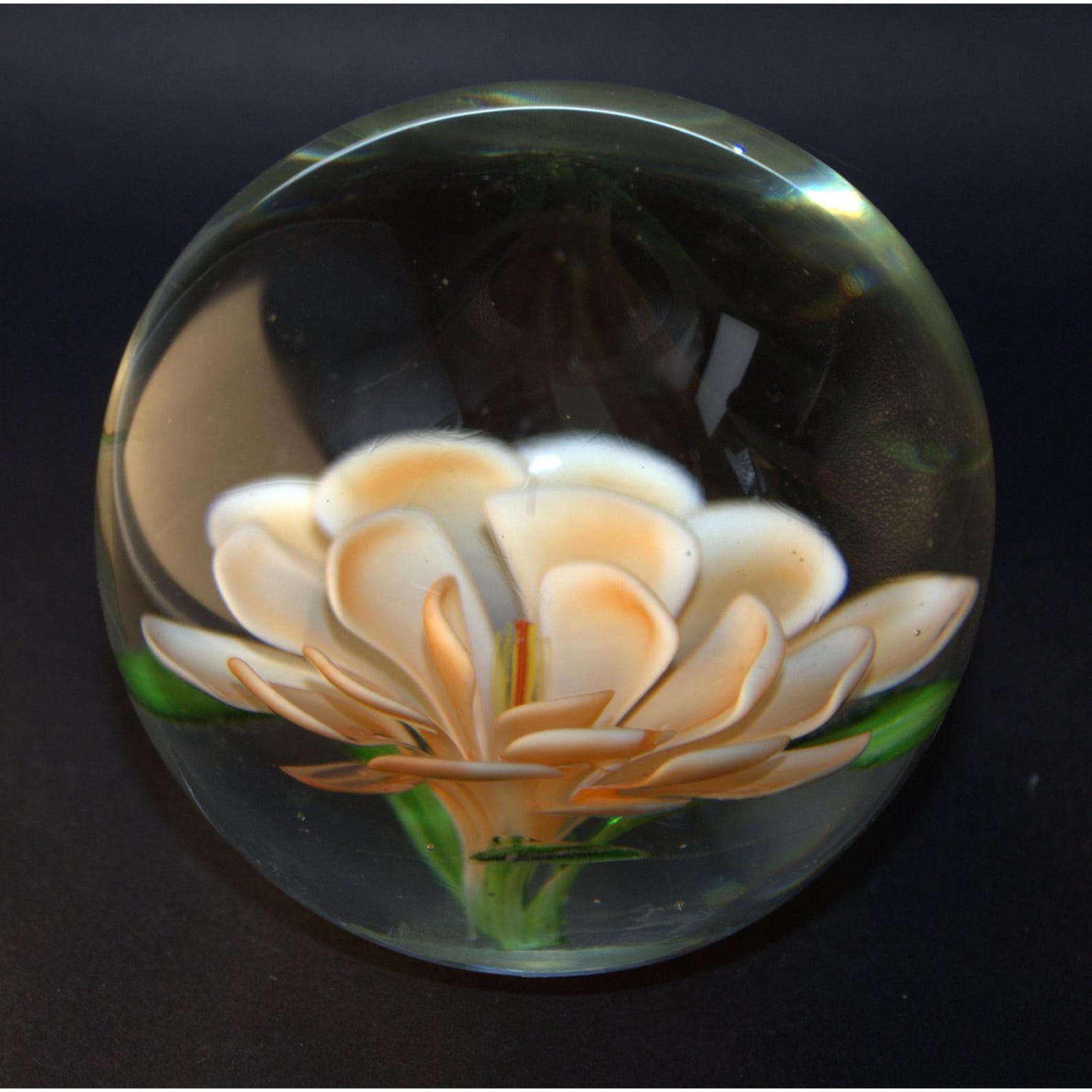 Handcrafted Glass Paperweight With Encased Orange & Cream Flower Design ...