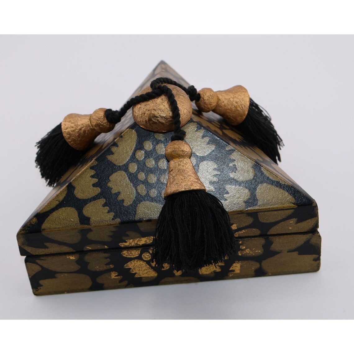 Vintage Black Gold Triangle Tassel Trinket Box – Hand Painted Pyramid ...