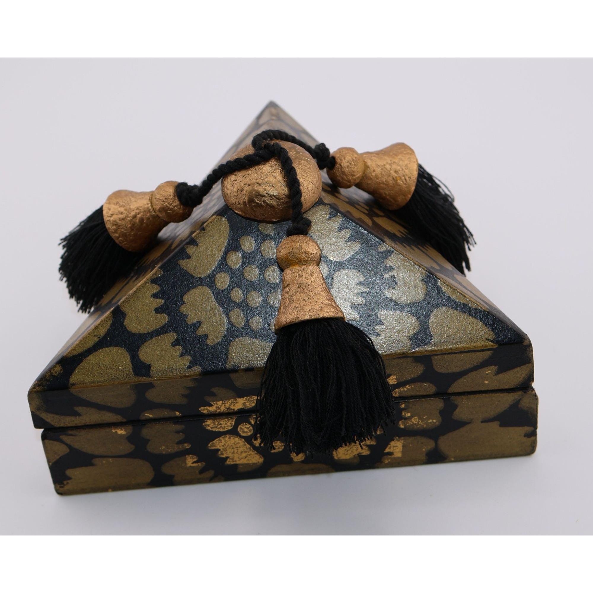 Vintage Black Gold Triangle Tassel Trinket Box – Hand Painted Pyramid ...