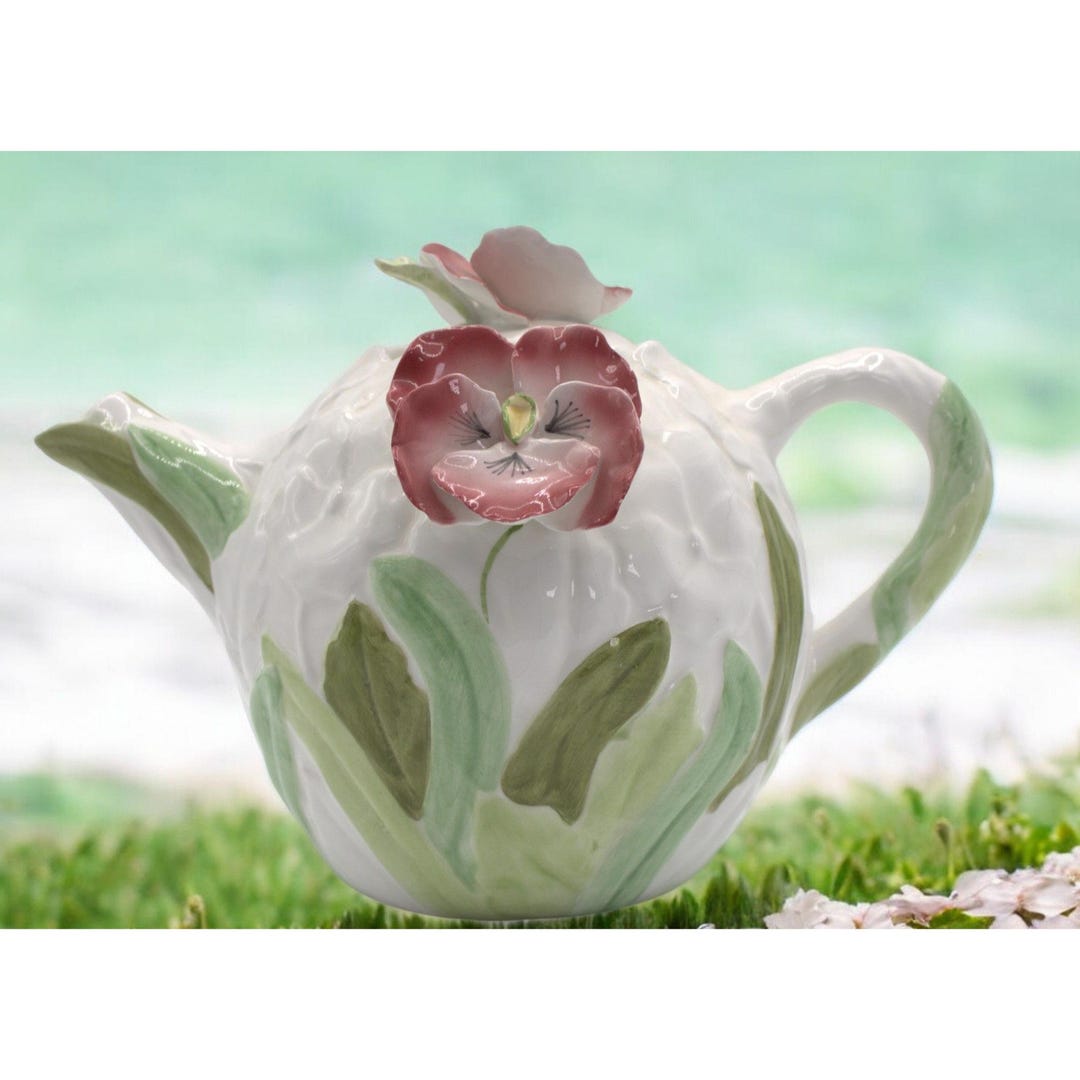 Vintage Floral Ceramic Teapot Hand-painted With Pink Pansy Lid & Green ...