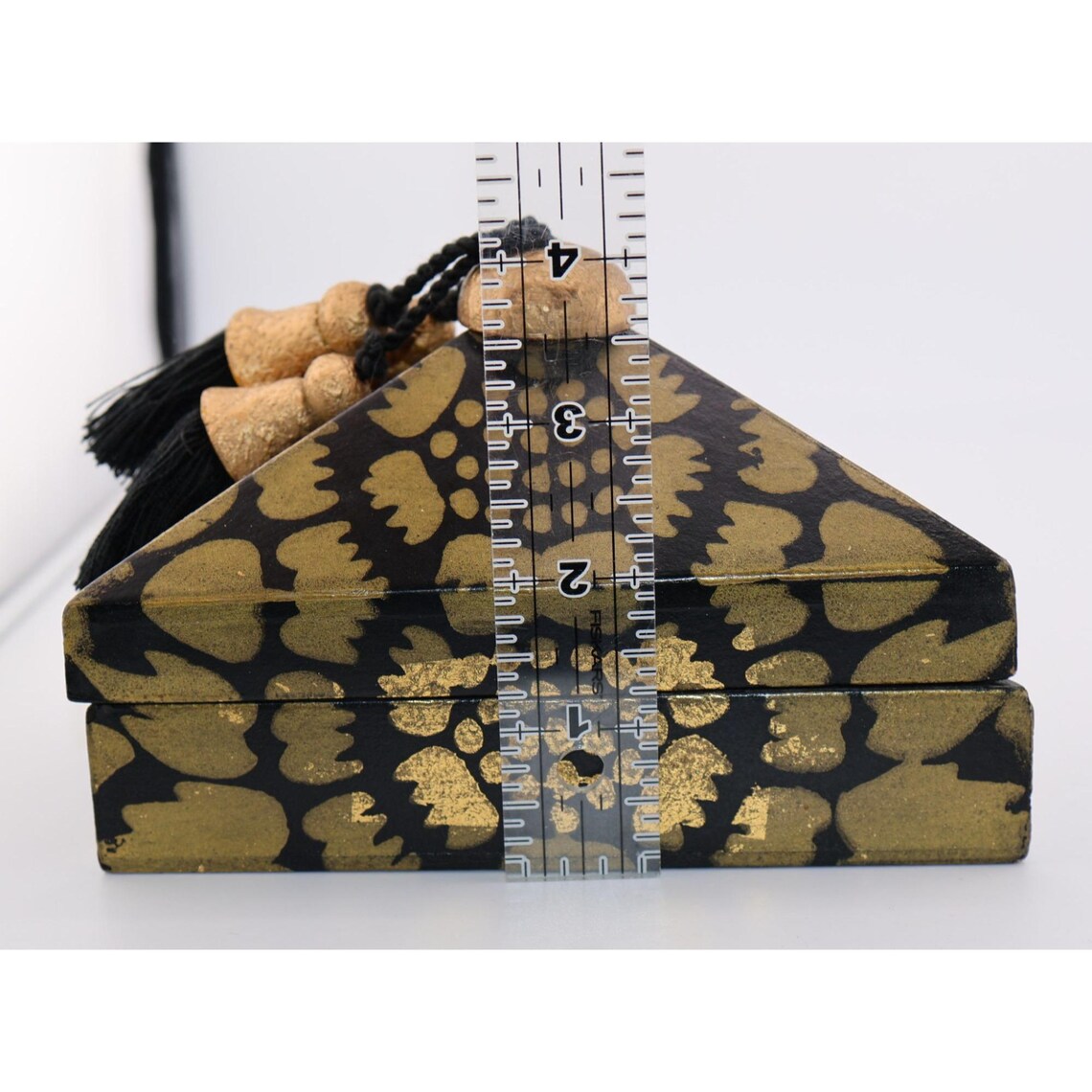 Vintage Black Gold Triangle Tassel Trinket Box – Hand Painted Pyramid ...