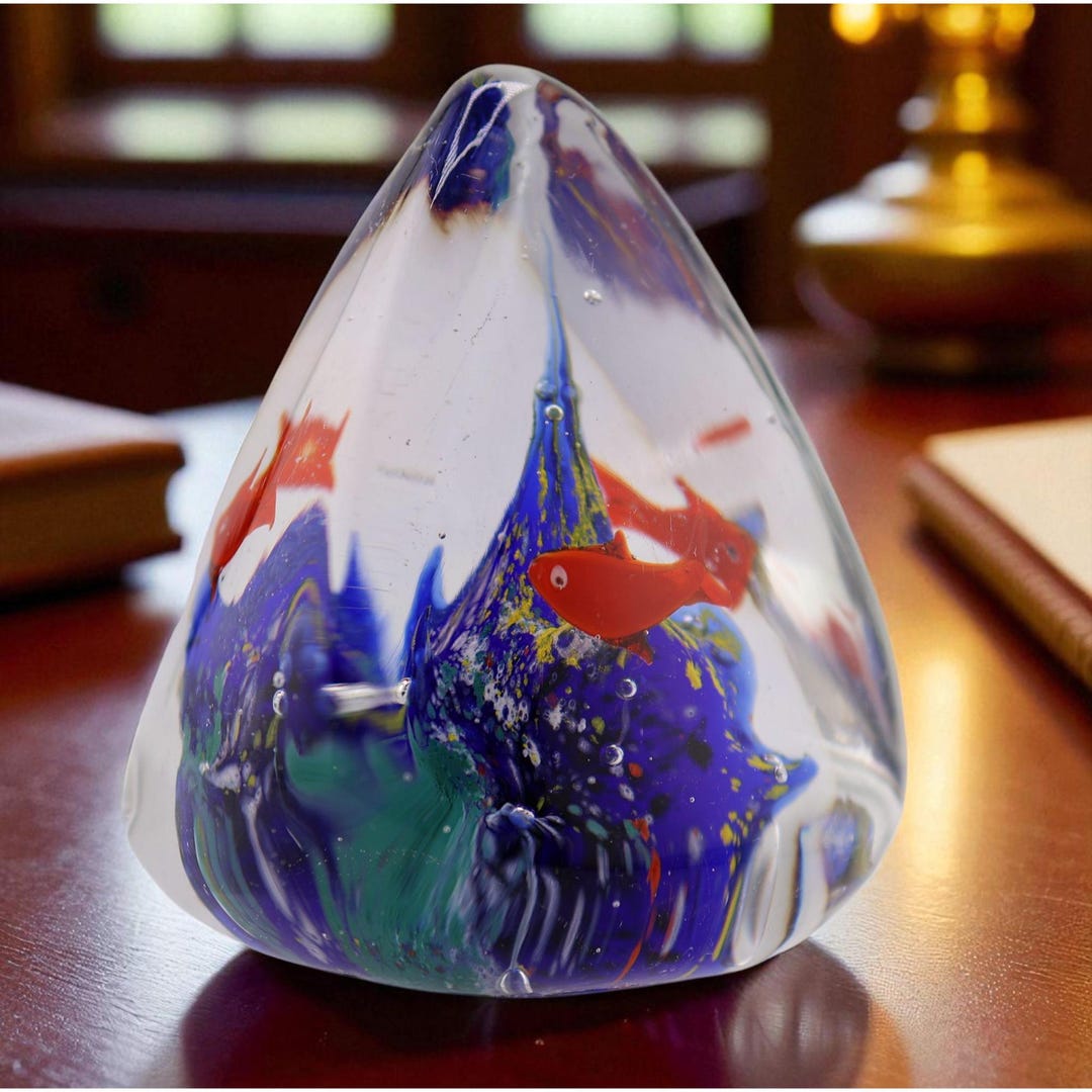Vintage Art Glass Paperweight: Red Fish in Blue Ocean Scene Cone Shape ...