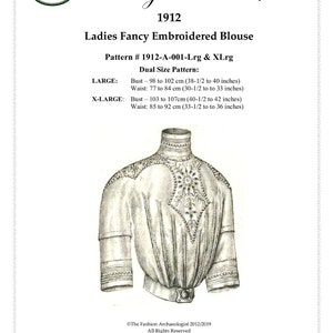 Digital Sewing Pattern Sz Lrg & XL Incl'd ~ 1912 Edwardian Blouse ~ PDF ...