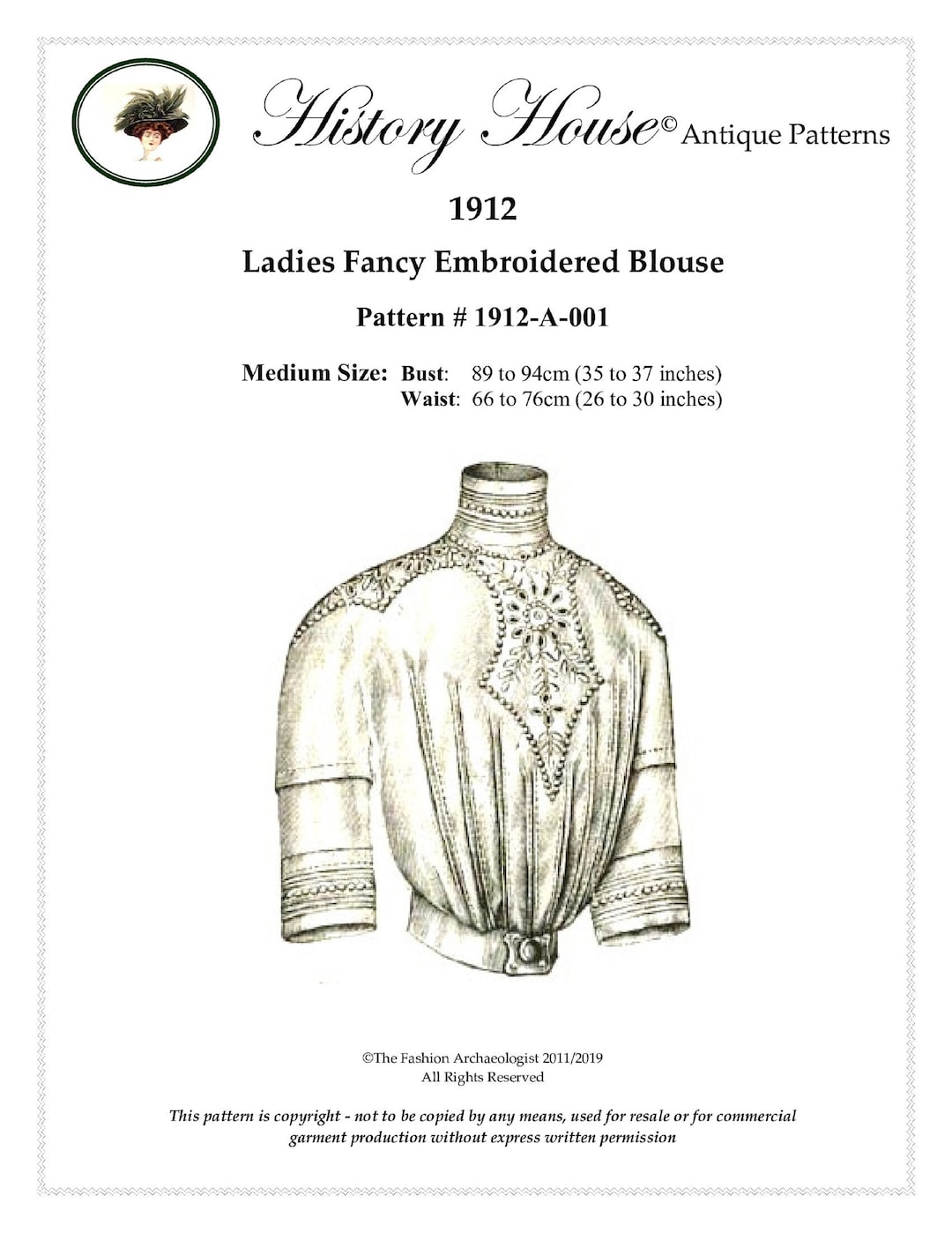 1912 Blouse Sewing Pattern With Embroidery, MEDIUM Sz Only (PDF) #1912 ...