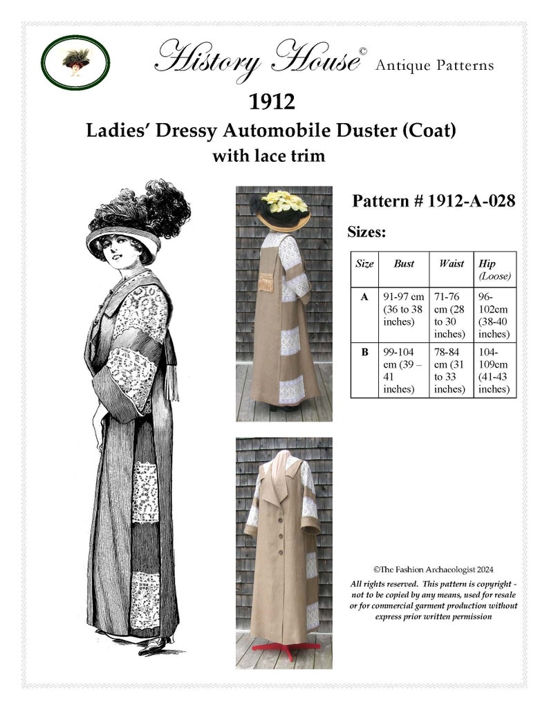 1912 Automobile Duster PDF Sewing Pattern: Titanic Era Coat W Lace Trim ...