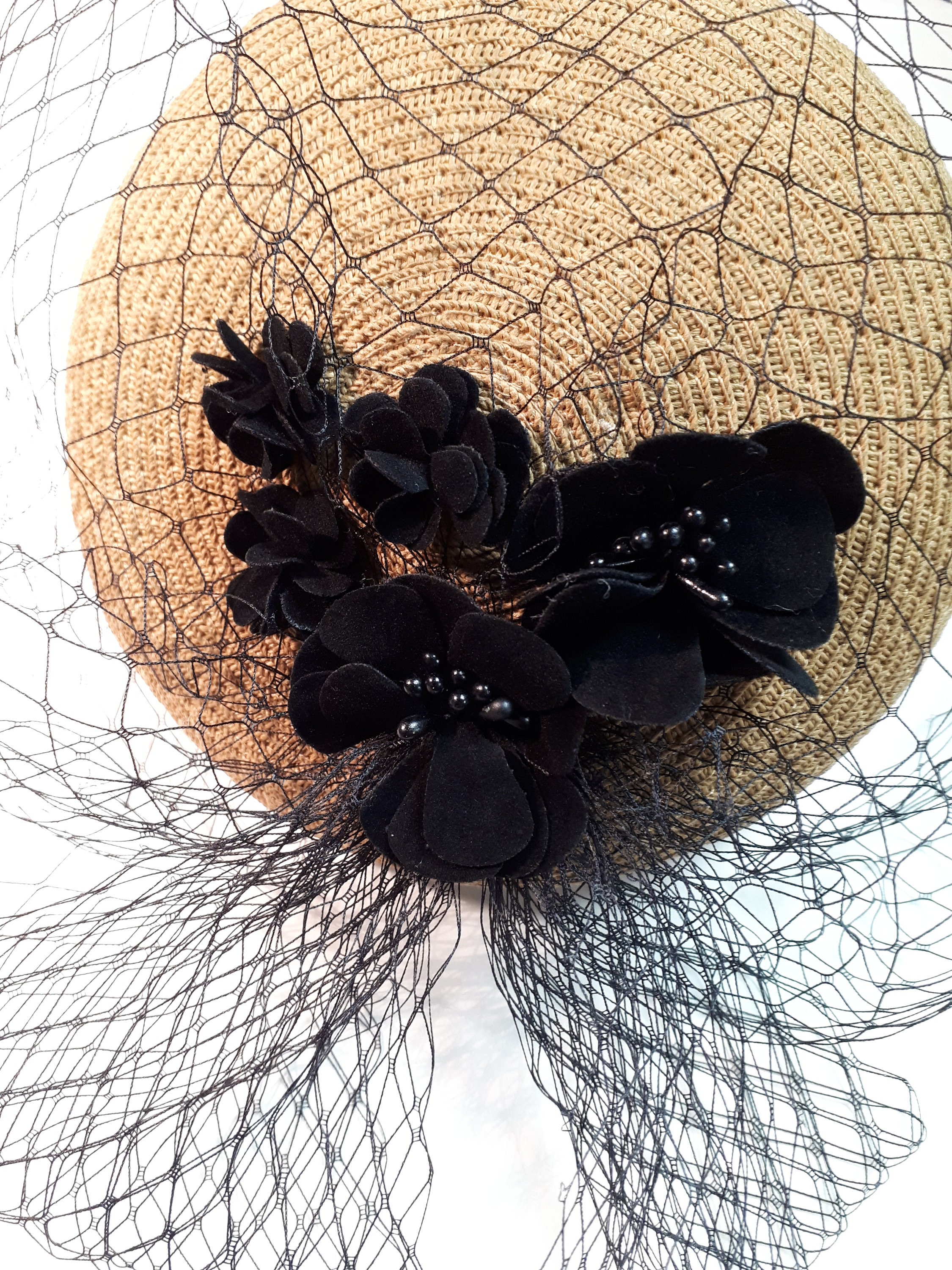 Straw Fascinator Natural With Black Tulle and Black Velvet Floral ...