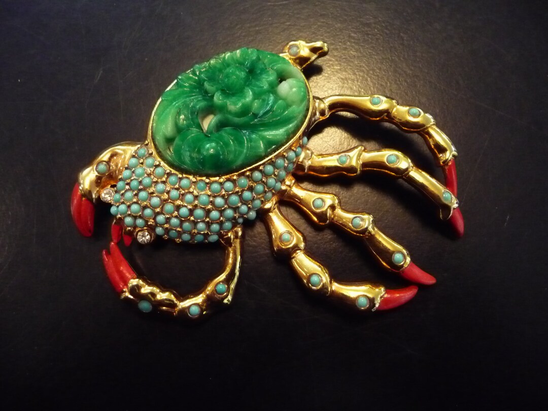 CRAB Brooch Unsigned Hattie Carnegie PERHAPS? Huge Size Green Art Glass ...