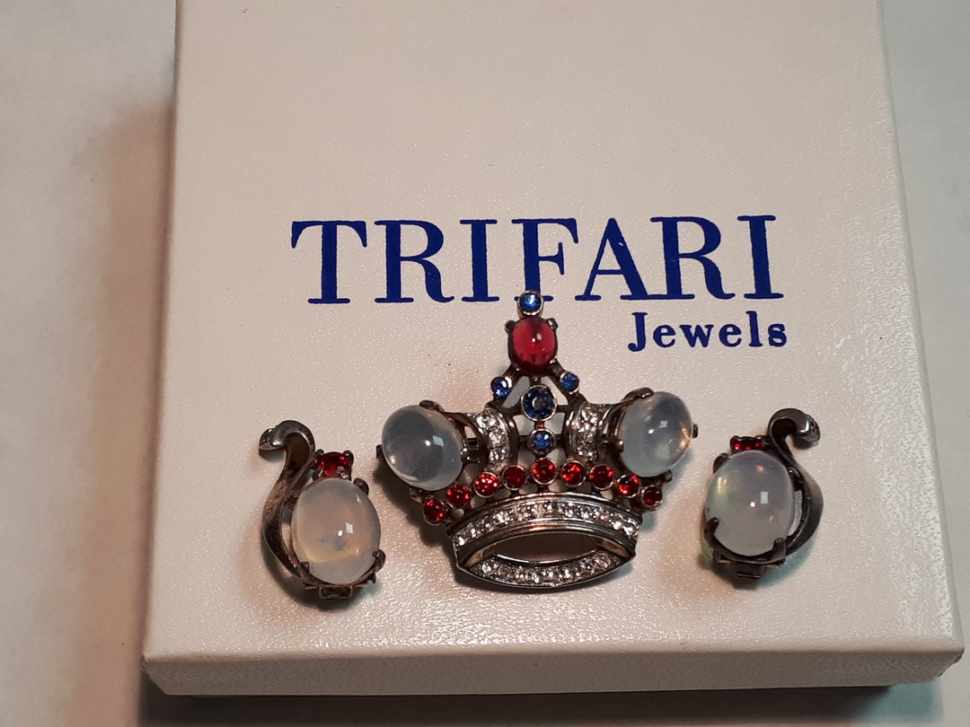 TRIFARI Crown Brooch & Earrings A. Philippe 1944 RARE Sterling Silver ...