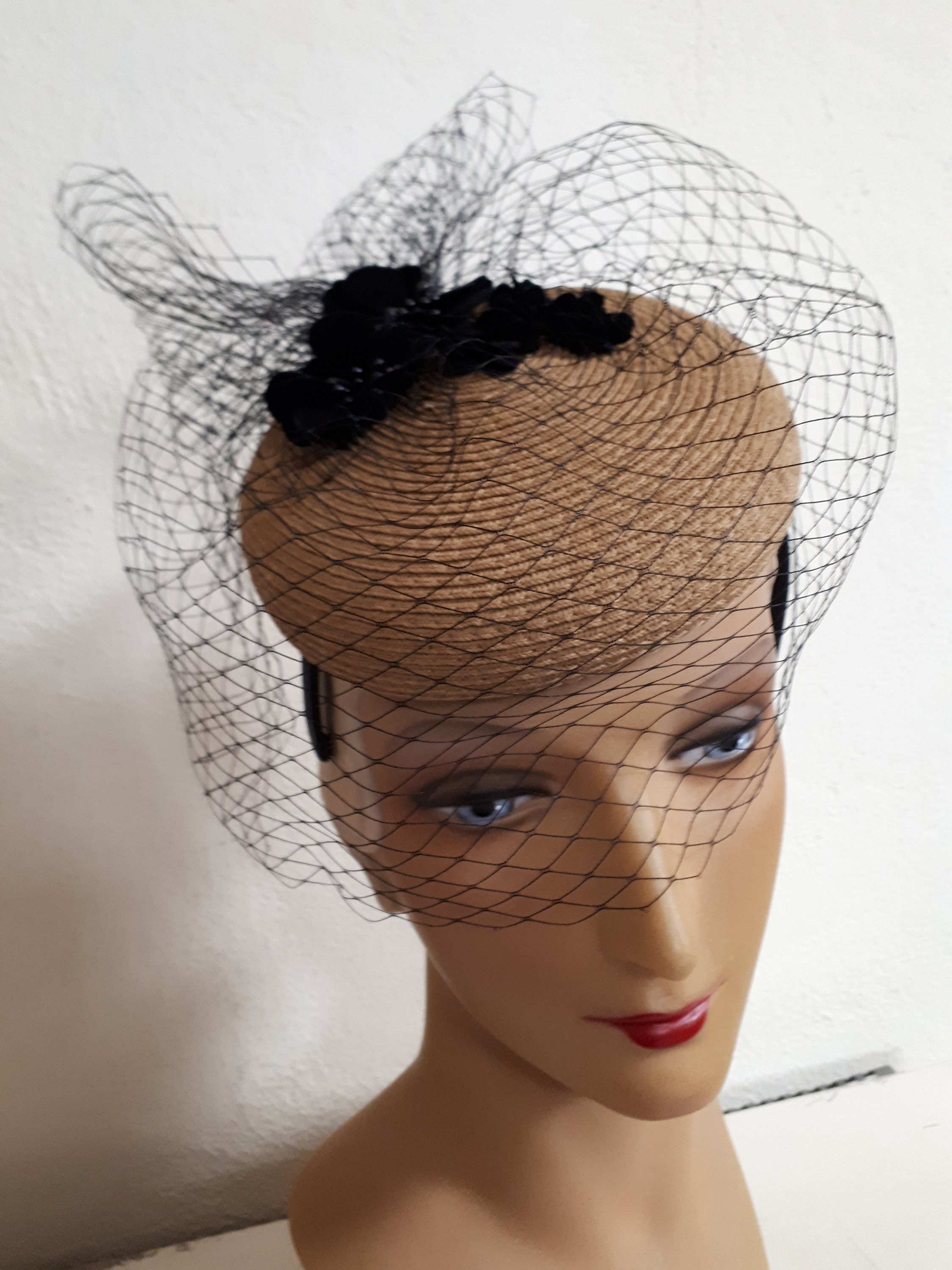 Straw Fascinator Natural With Black Tulle and Black Velvet Floral ...