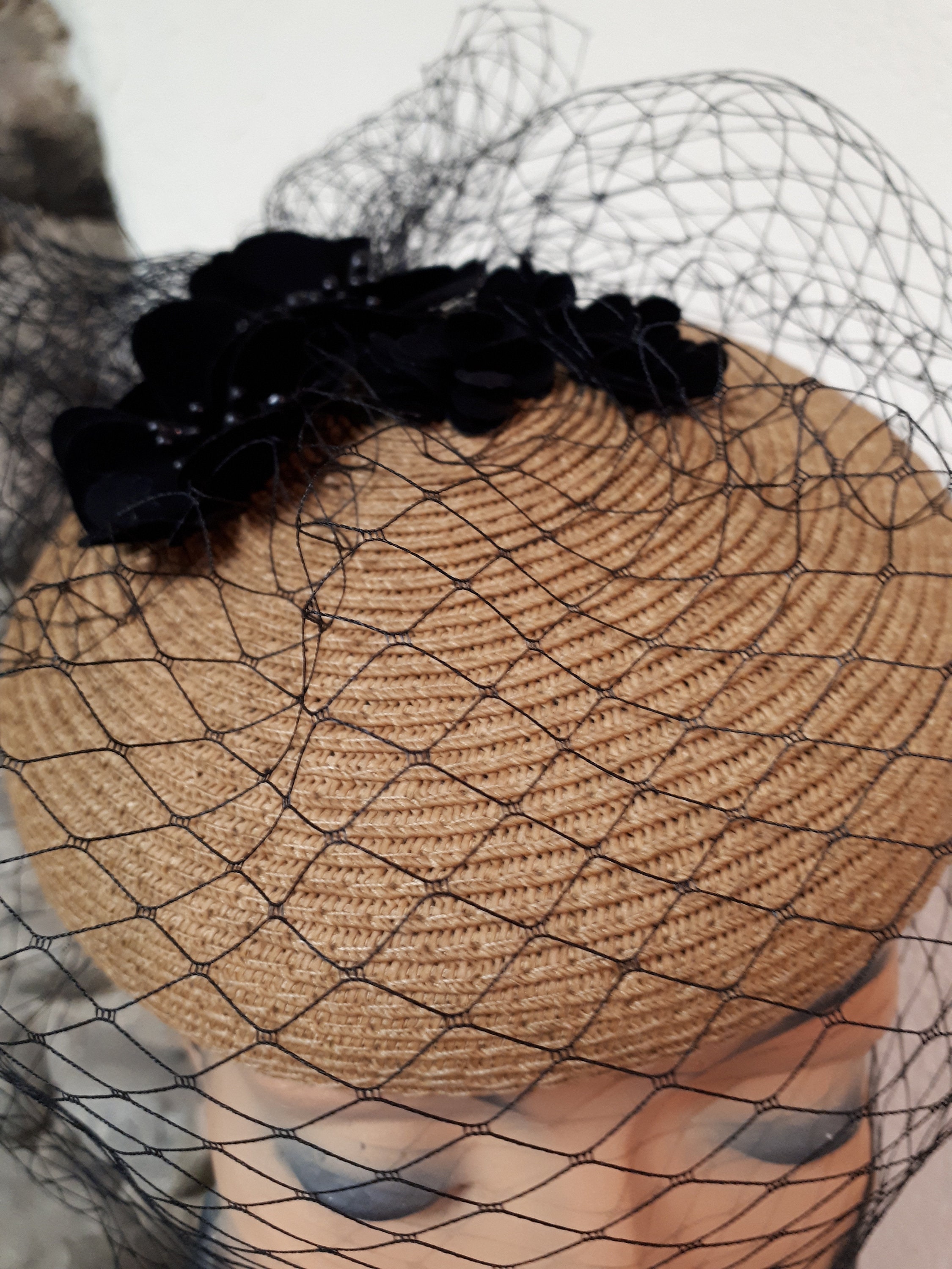 Straw Fascinator Natural With Black Tulle and Black Velvet Floral ...