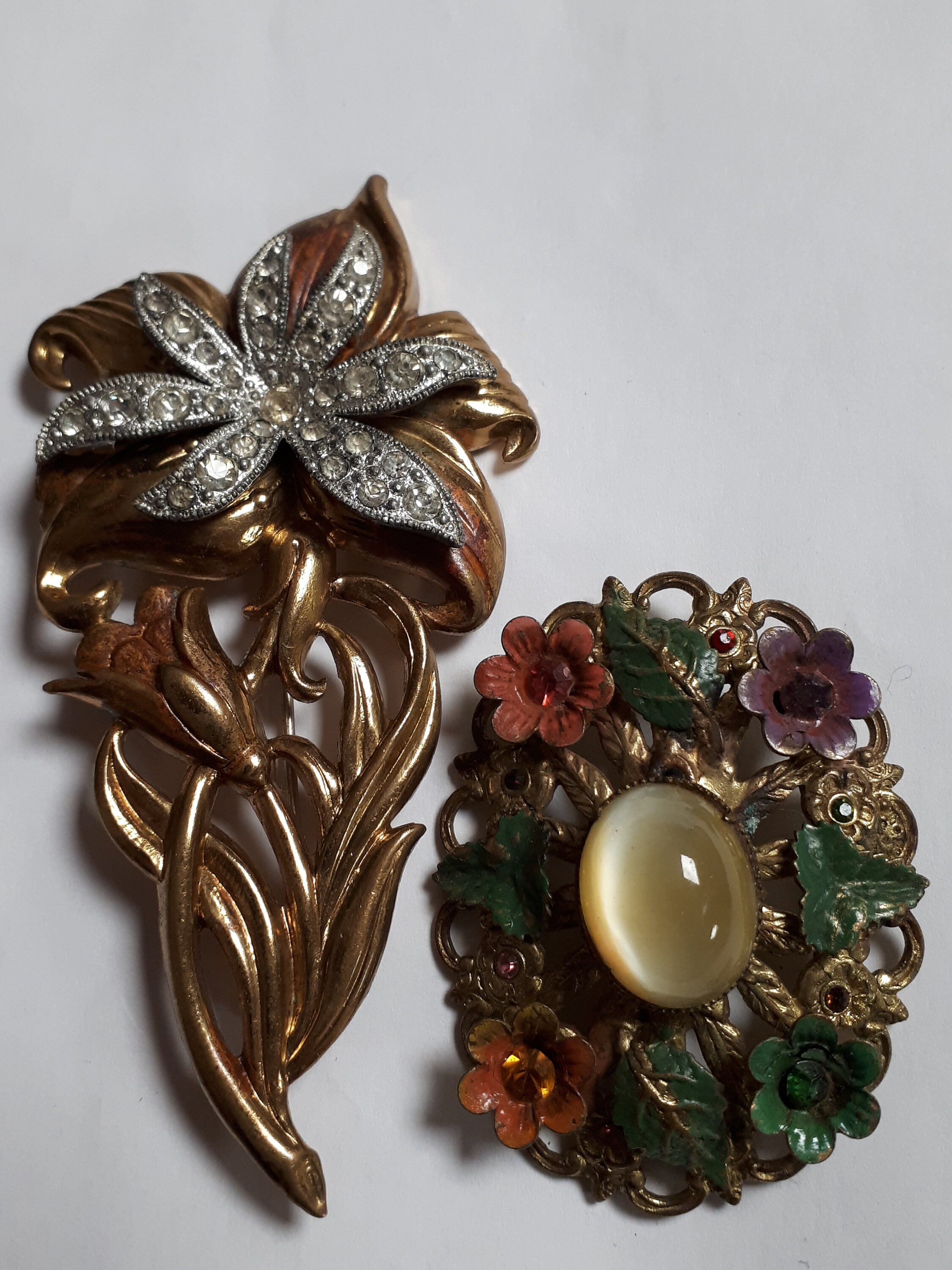 2 Vintage Broschen, 40er Jahre, floral, Strass, goldfarbenes Metall ...