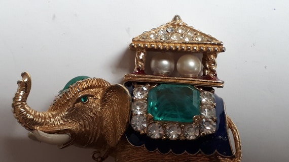 Vintage Ciner Elephant Brooch, Goldtone, Flawed Emerald Vintage Ciner Elephant Brooch, Goldtone, Flawed Emerald