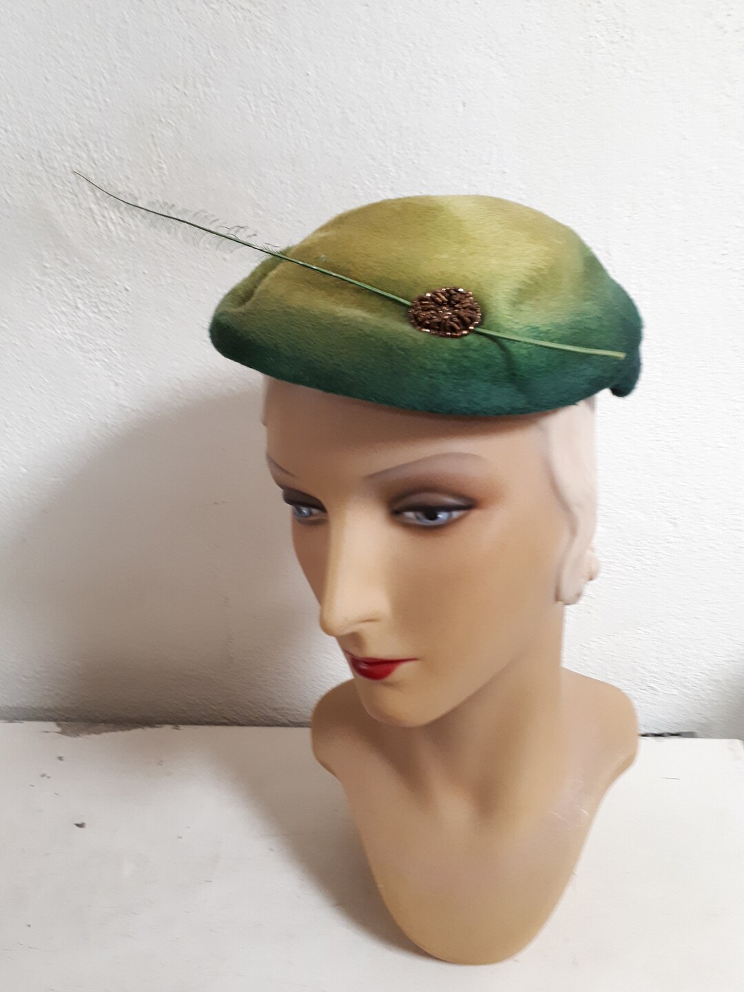 Vintage ELSA SCHIAPARELLI HAT Silk Velour, Green Shades, Feather ...