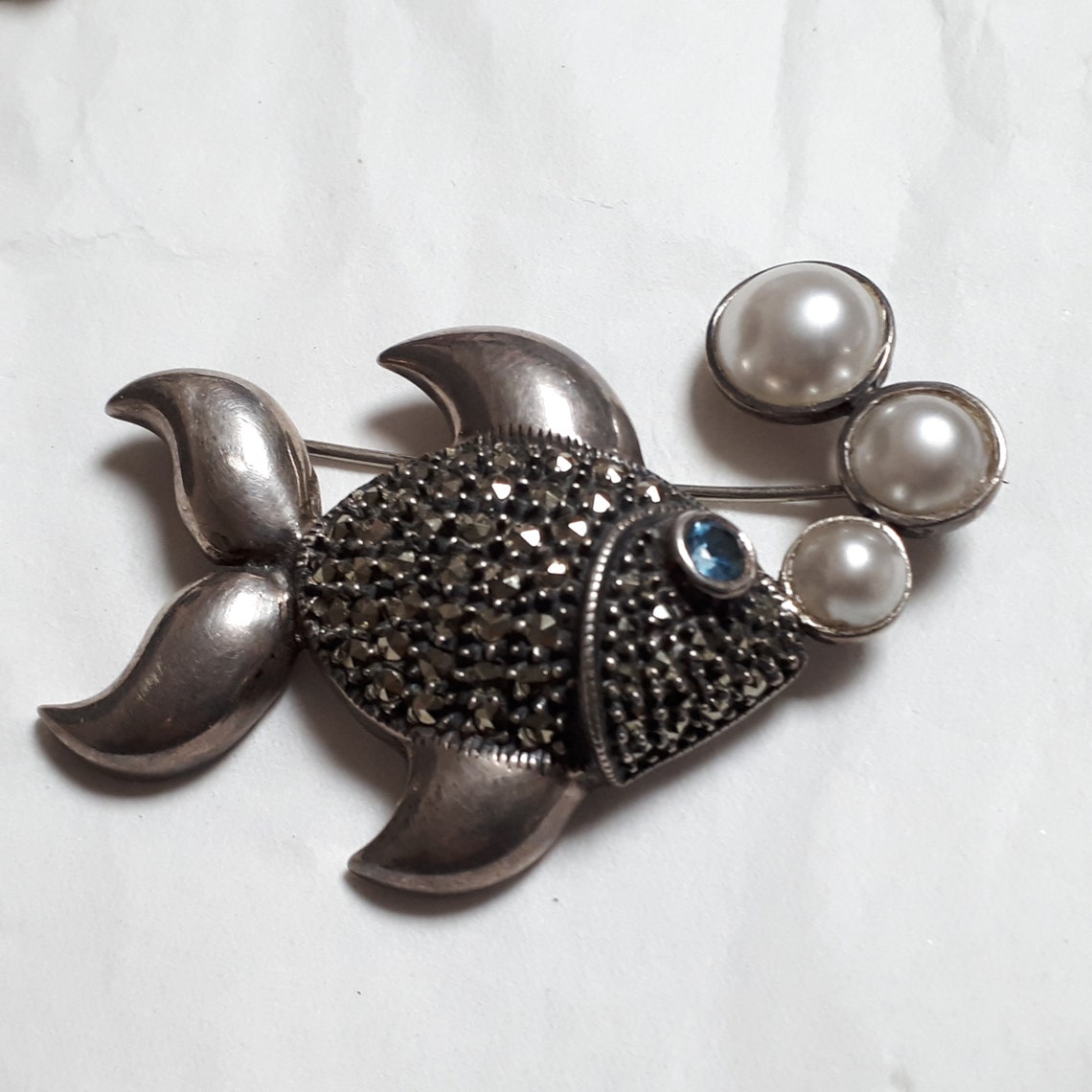 STERLING JJ FISH Brooch Pin Faux Pearls Marcasites | Etsy