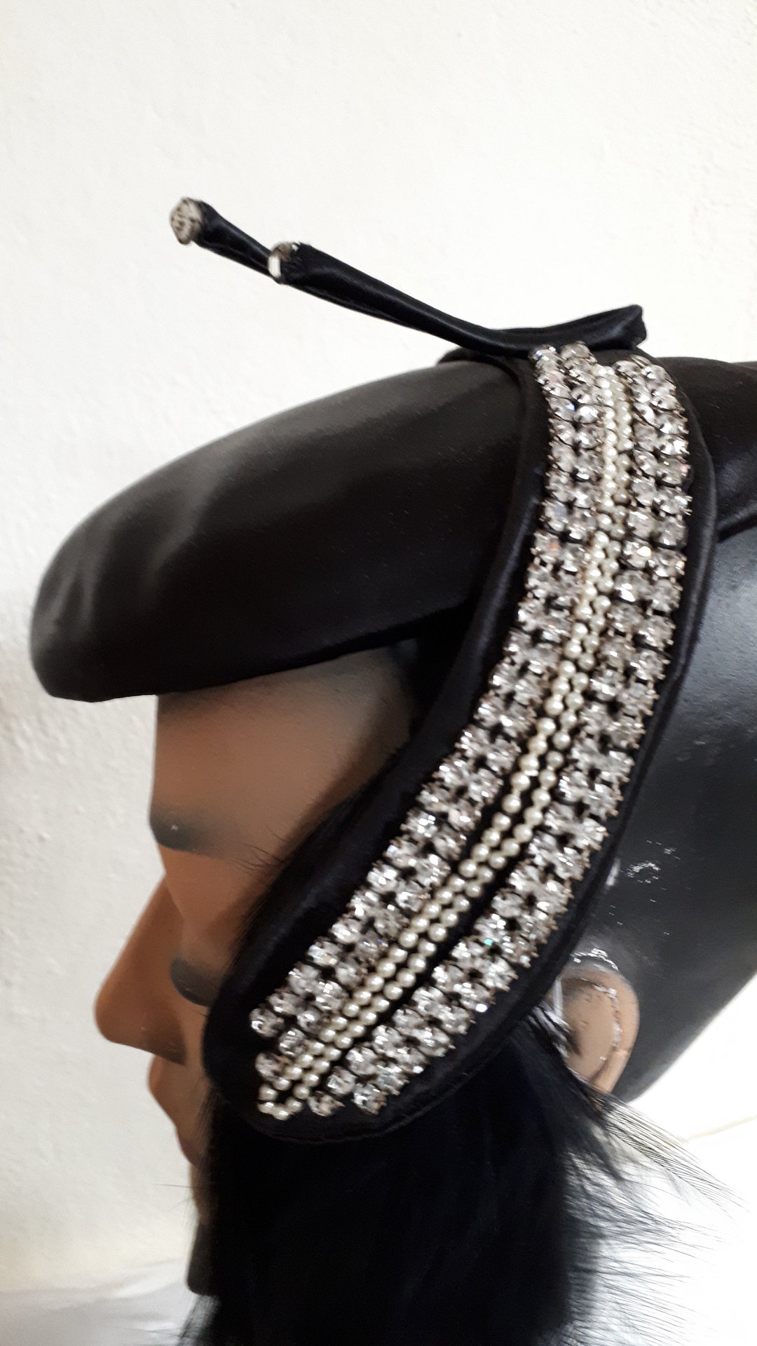 BES-BEN Vintage Hat, Thirties, Black Satin, Black Feathers, Rhinestones ...