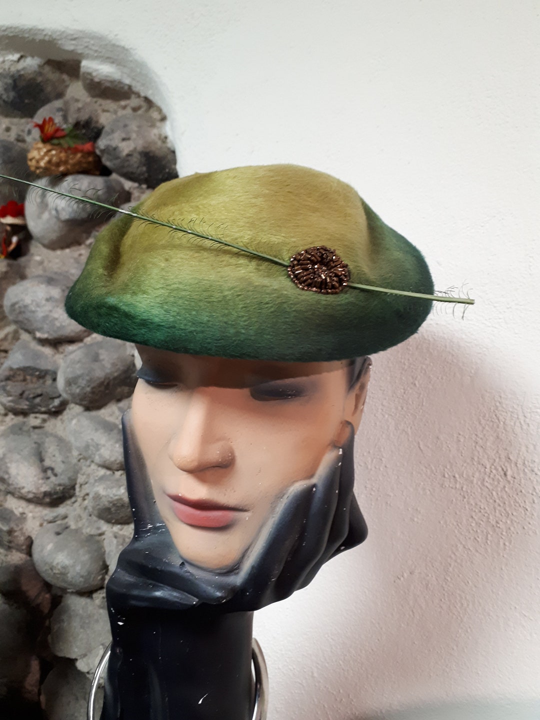 Vintage ELSA SCHIAPARELLI HAT - Silk Velour, Green Shades, Feather ...