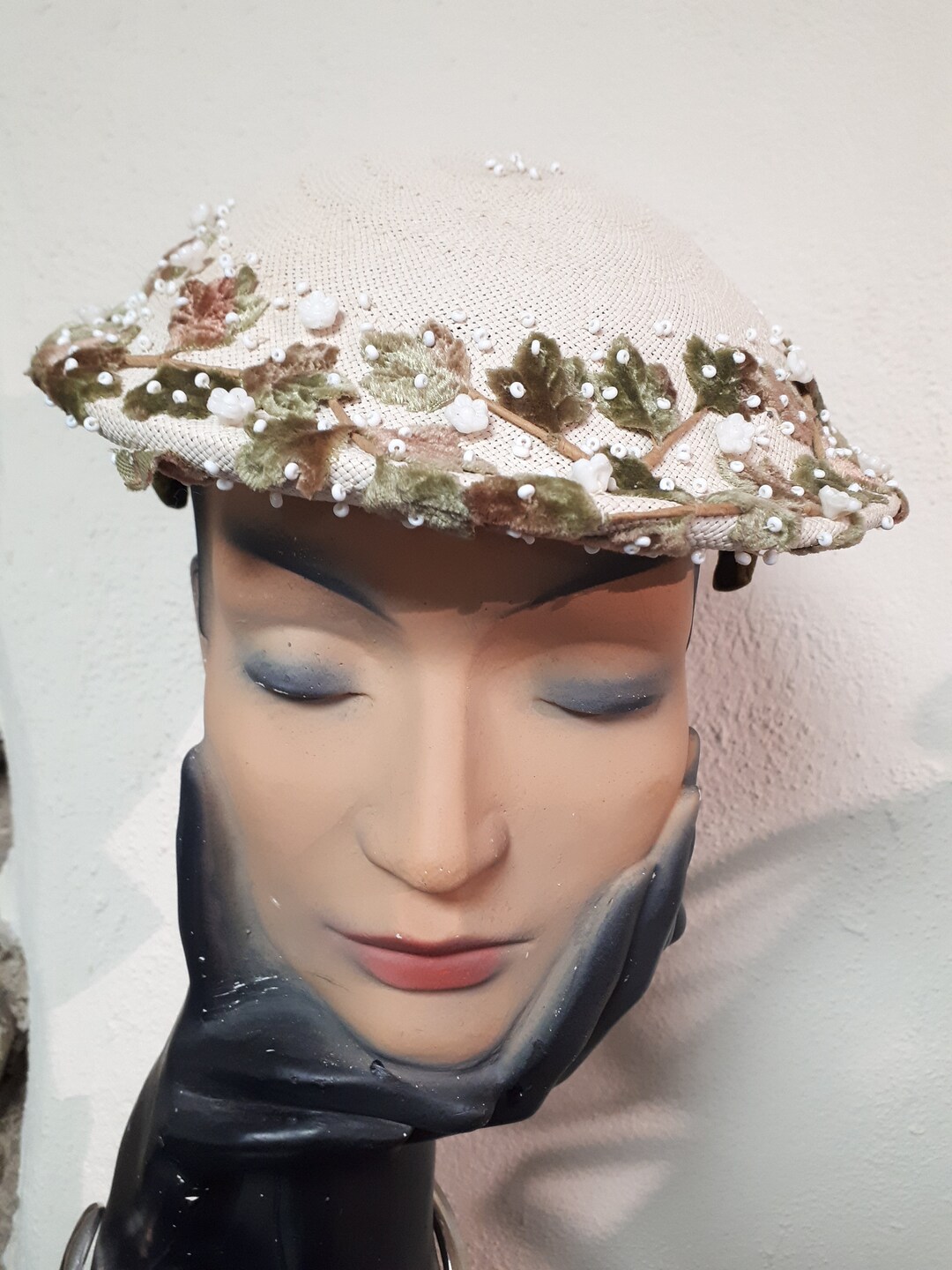 ELSA SCHIAPARELLI Straw Hat, Head Hugger, Cream Straw, Beading, Velvet ...