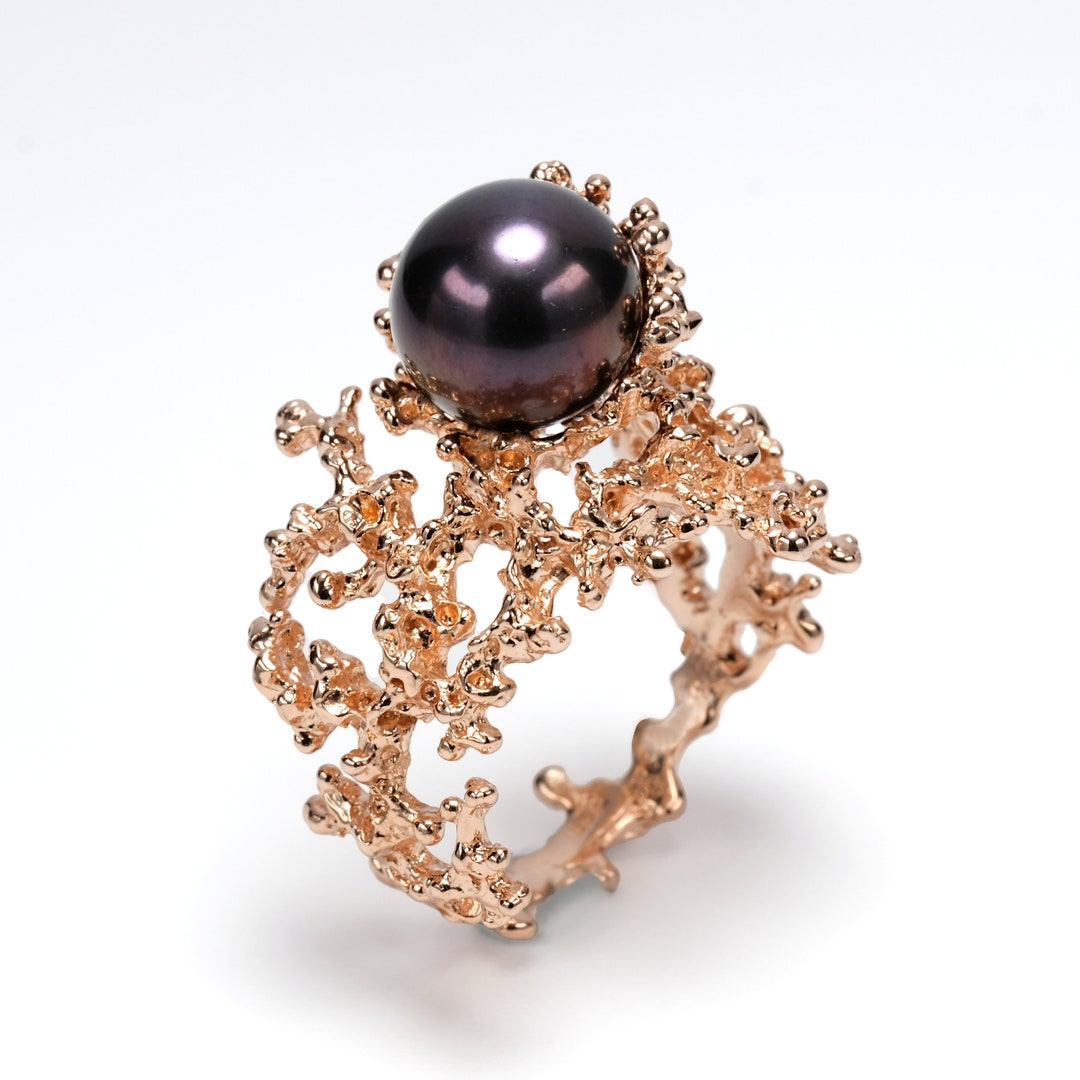 CORAL Black Pearl Engagement Ring, Round Pearl Ring, Rose Gold Pearl ...