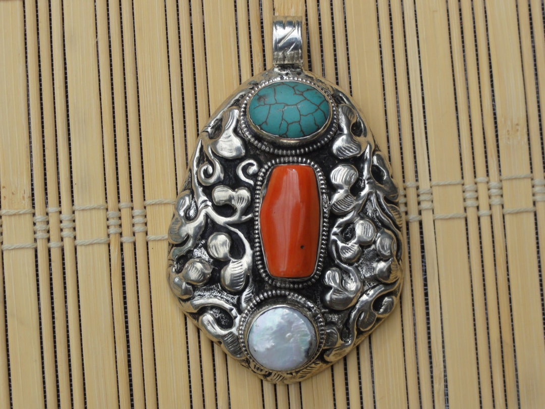 SALE!!! Hand-made Nepali Pendant, Silver Plated With Turquoise, Coral ...
