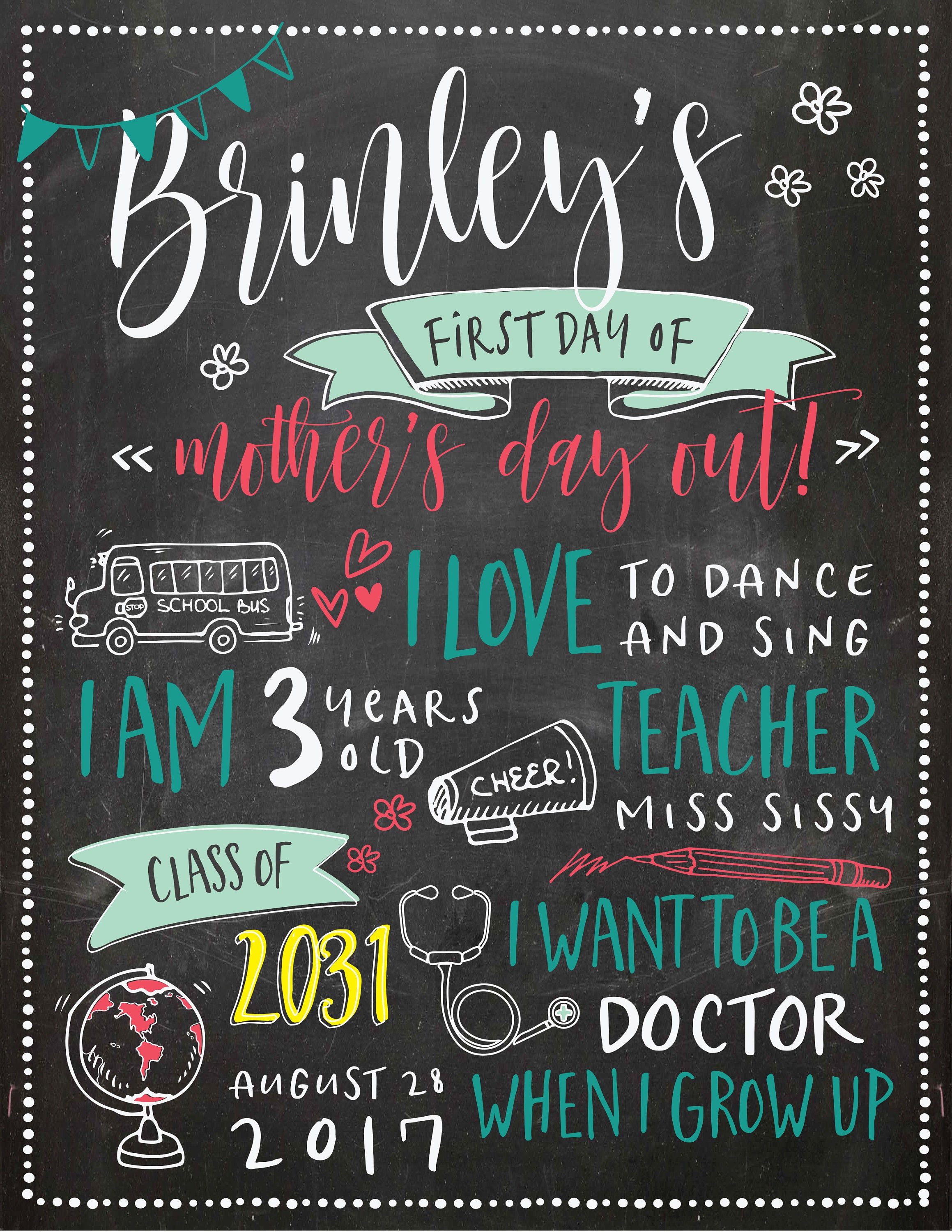 GIRLY First Day of School Chalkboard 1st Day of School Sign Mother's ...