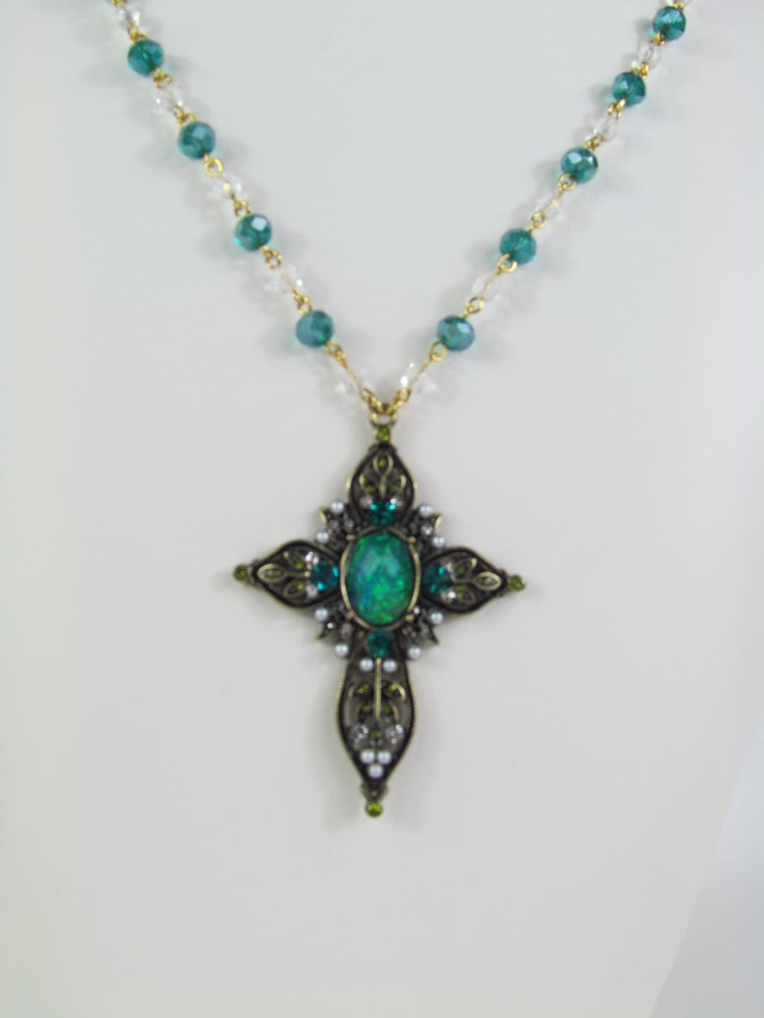 Dark Teal and Antique Gold Beaded Cross Necklace - Etsy