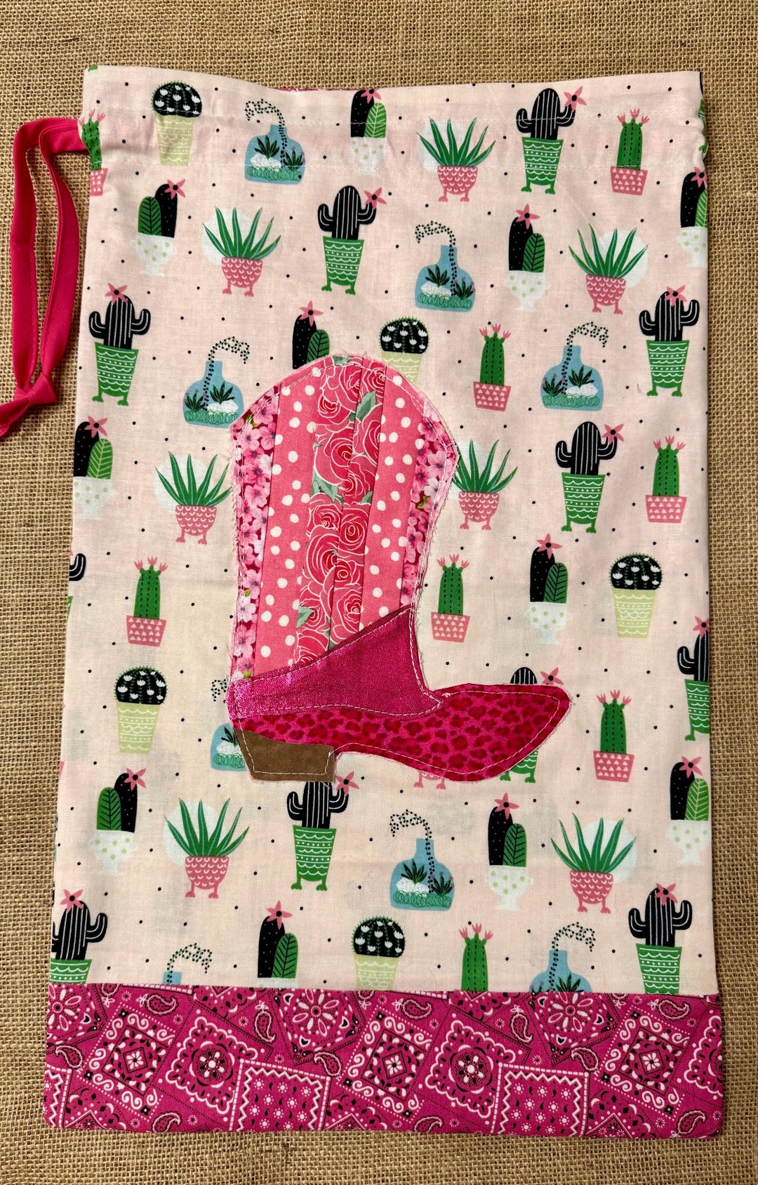 Pink Cowboy Boot Design Gift Bag, Pink Western Gift Fabric Cactus ...
