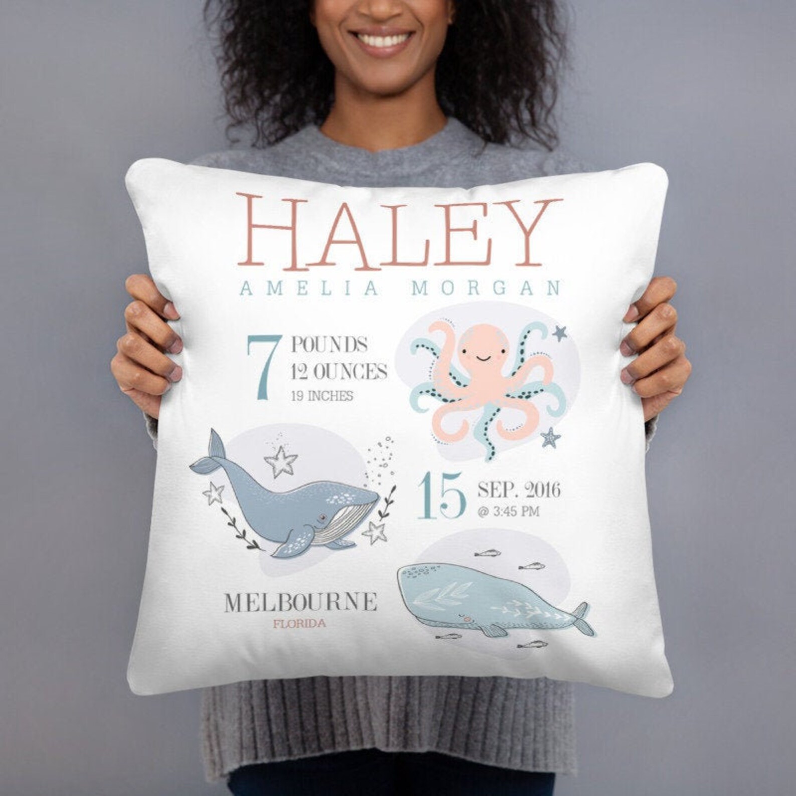 Nautical Birth Announcement Pillow, Ocean Birth Announcement Keepsake ...