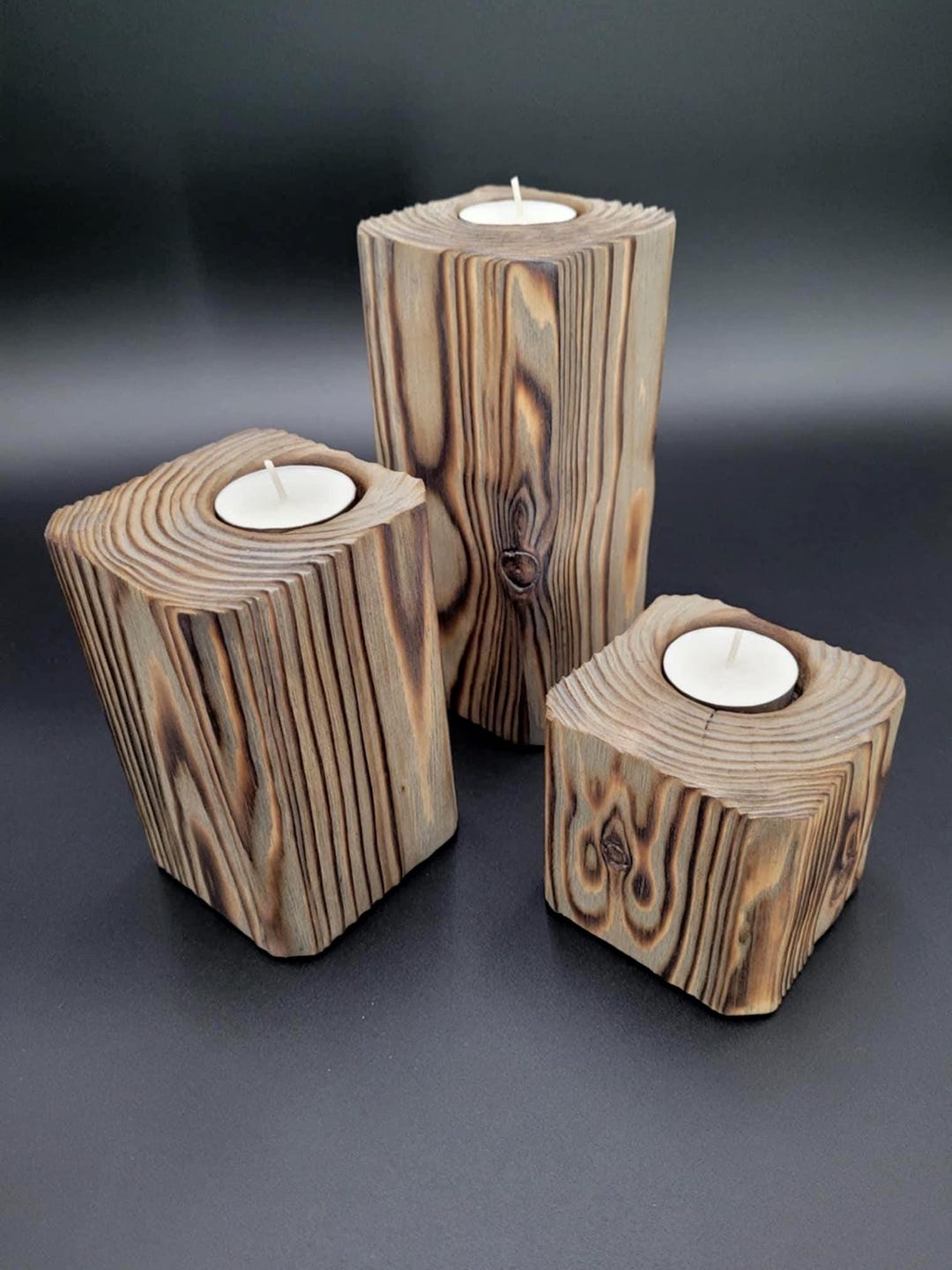 Rustic Shou Sugi Ban Wood Tealight Candle Holders, Handmade Burnt Wood ...