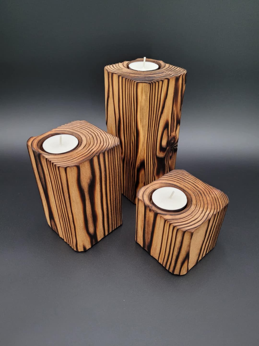Rustic Shou Sugi Ban Wood Tealight Candle Holders, Handmade Burnt Wood ...