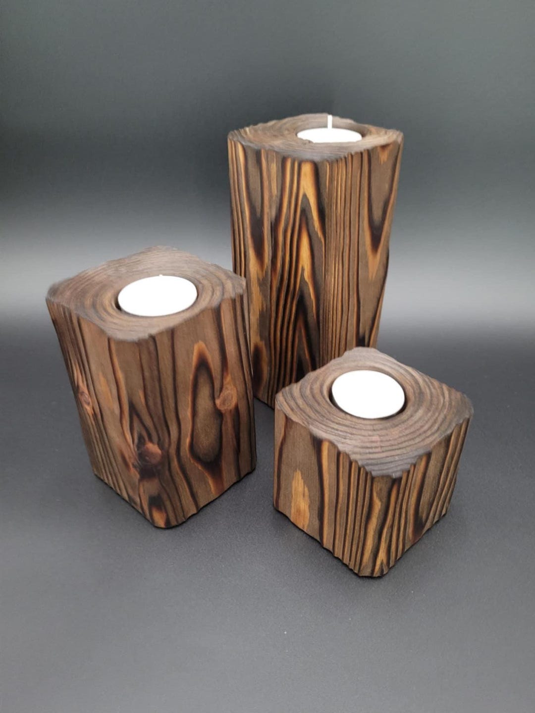 Rustic Shou Sugi Ban Wood Tealight Candle Holders, Handmade Burnt Wood ...