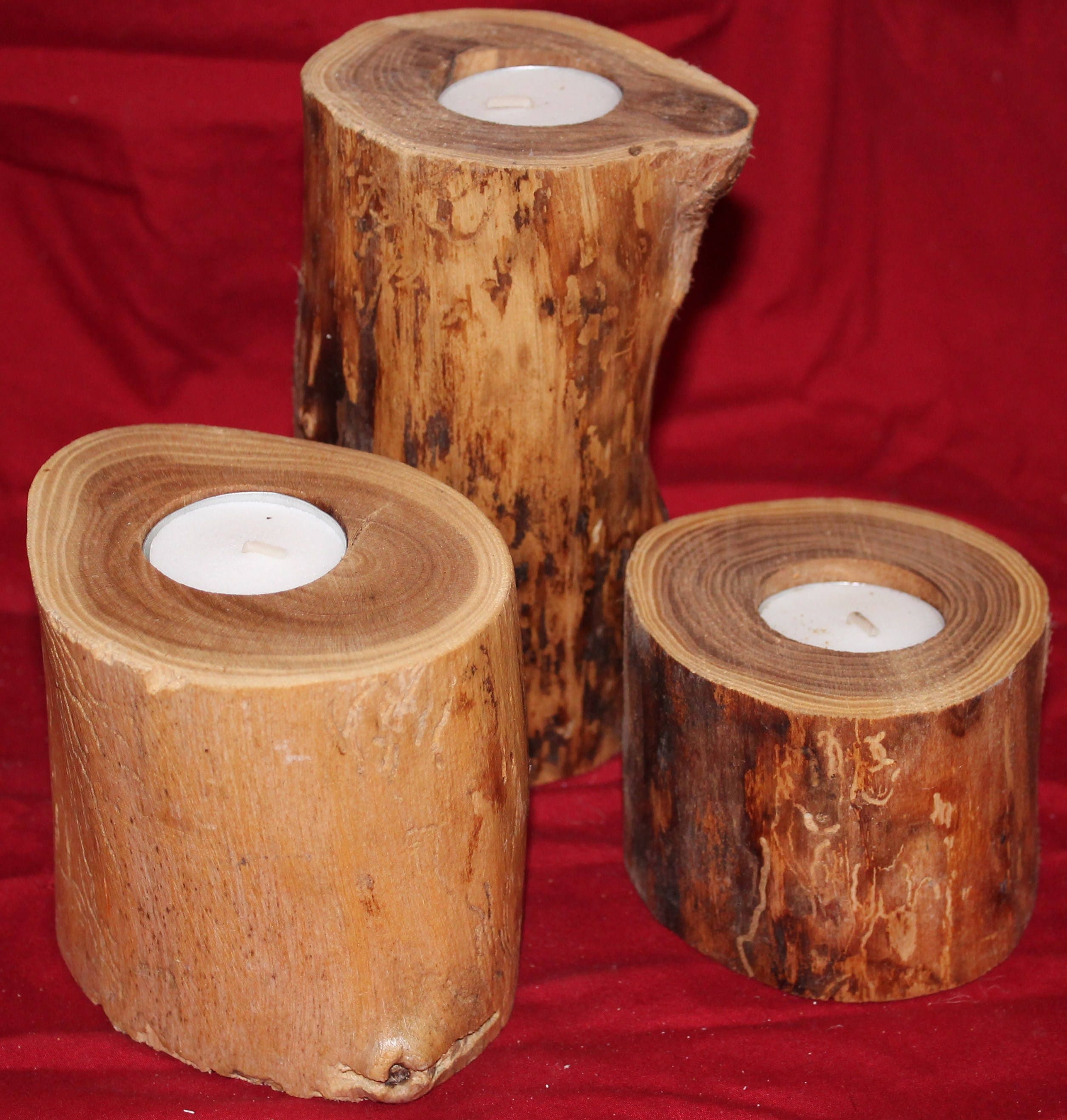 Three Piece Set of Rustic Log Candle Holders. Perfect Gift or Cabin ...