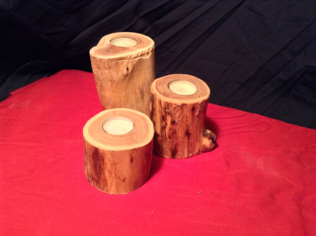 Three Piece Set of Rustic Log Candle Holders. Perfect Gift or Cabin ...