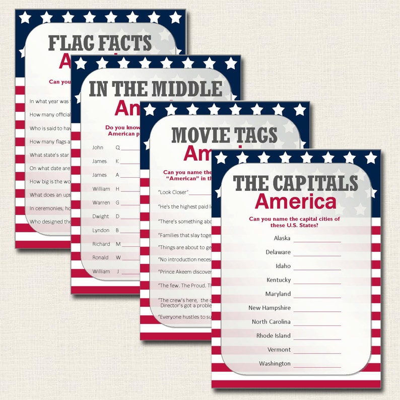 4th of July Games Patriotic USA America Quiz Cards Instant Download PDF ...