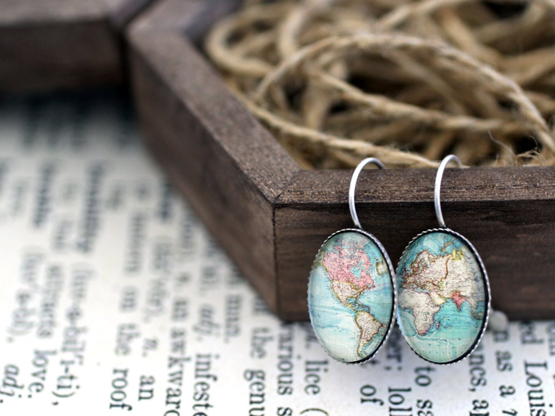 Retro World Map Oval Earrings, World Map Earrings, Dangle Map Earrings ...